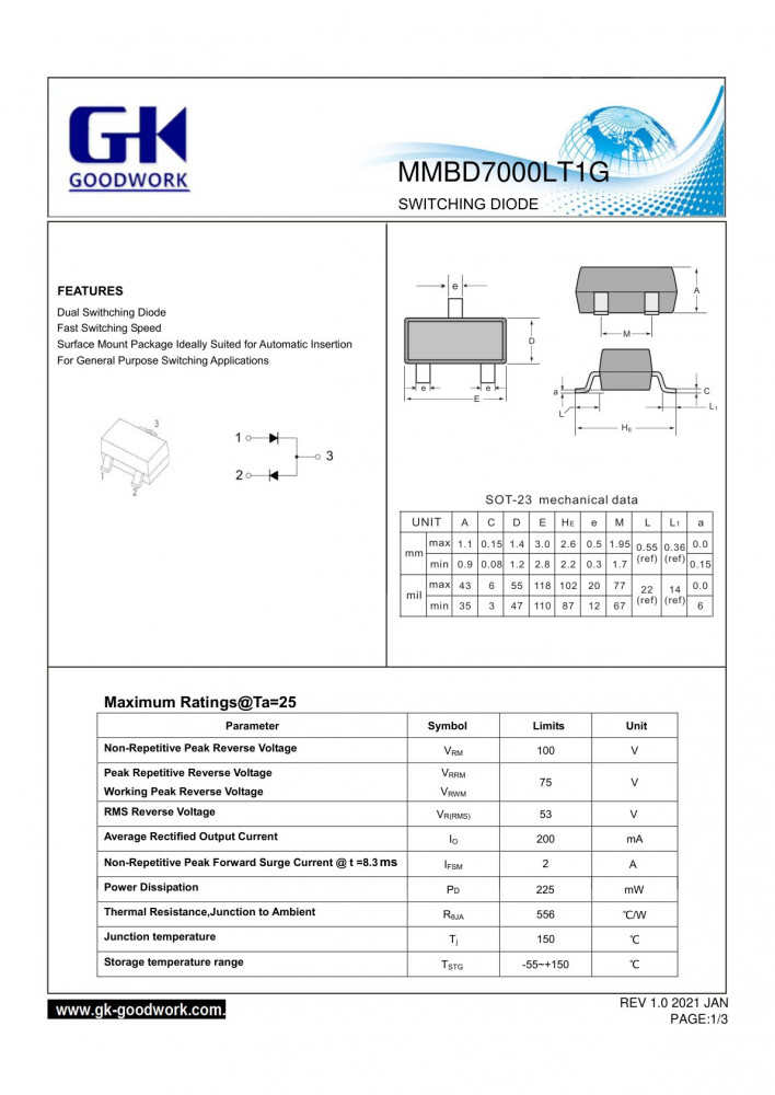 MMBD7000LT1G technical document page 1