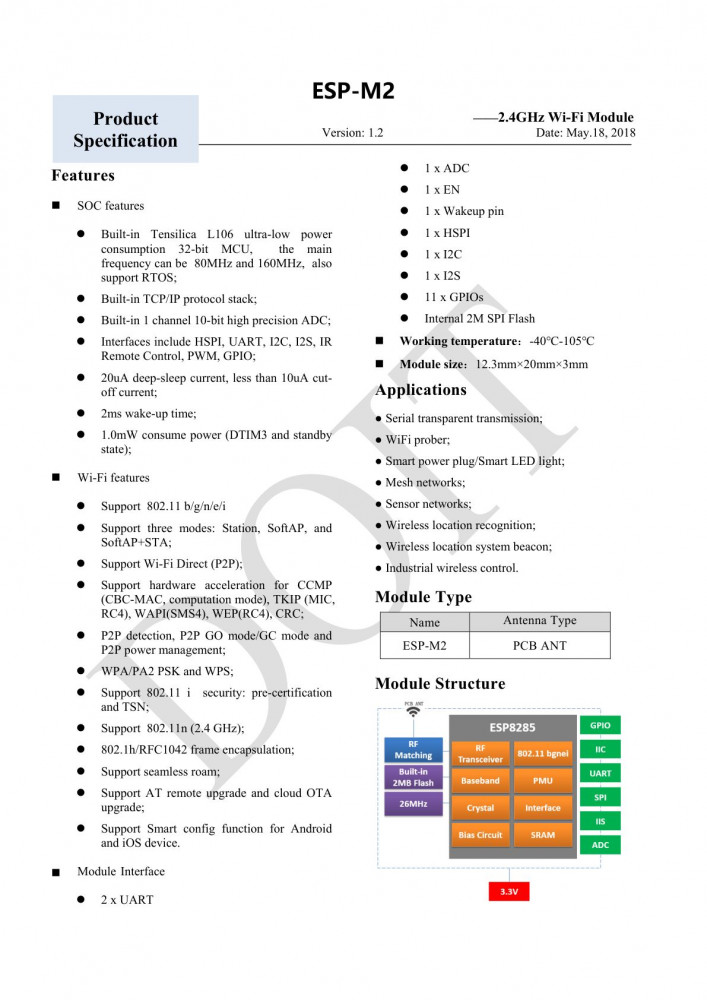 ESP-M2 datasheet page 1