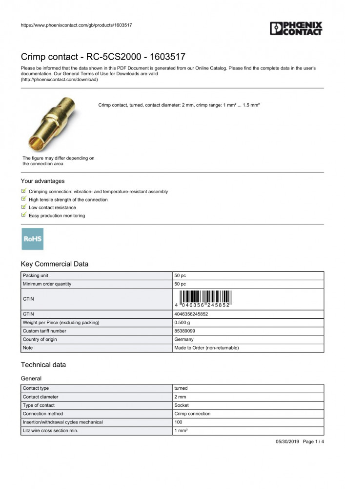 Phoenix Contact 1603517 product document page 1