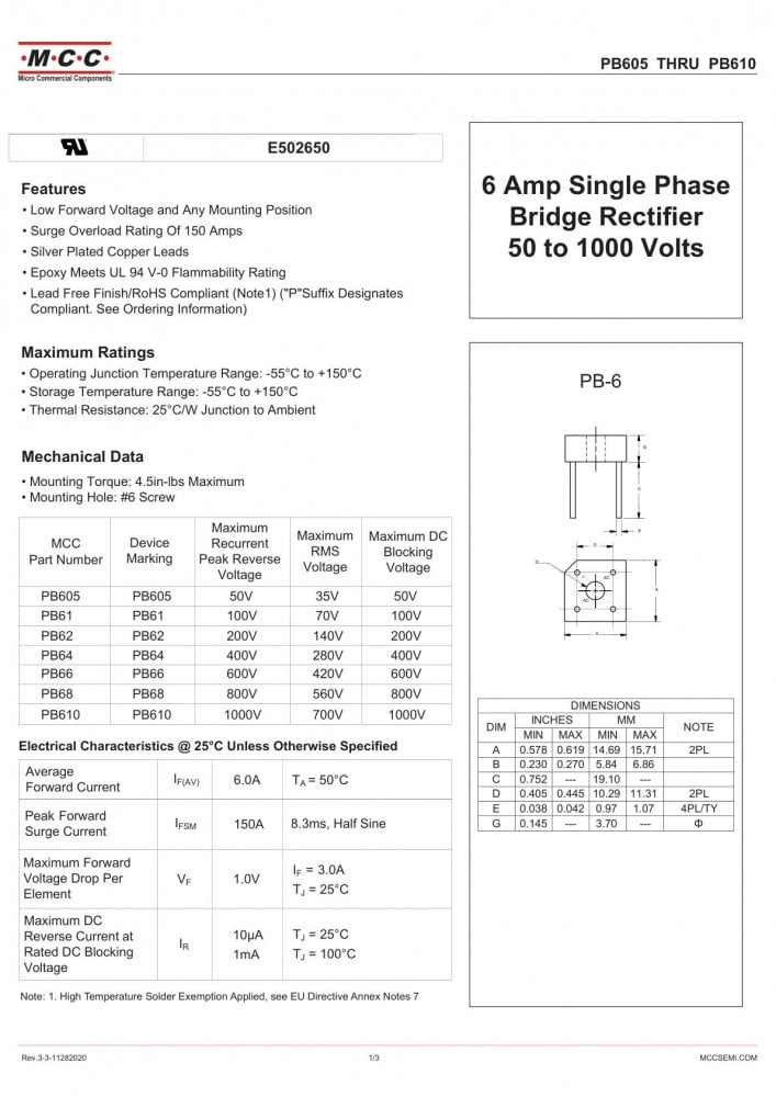 MCC PB610-BP datasheet page 1