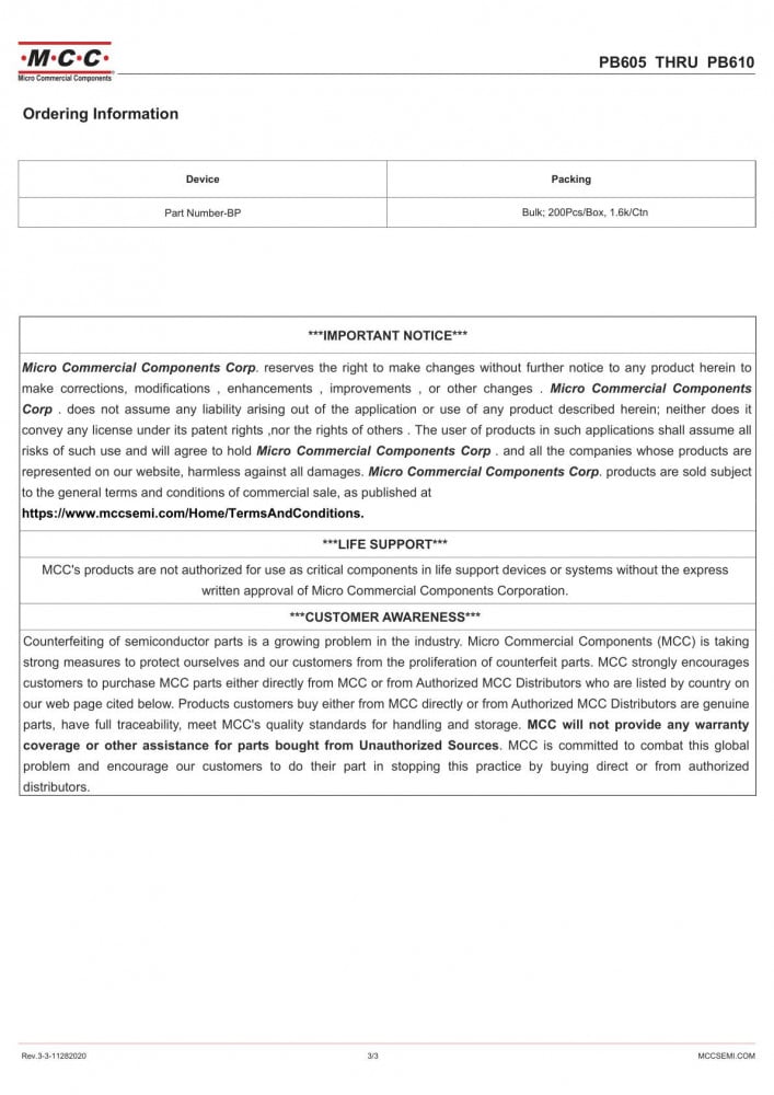 MCC PB610-BP datasheet page 3