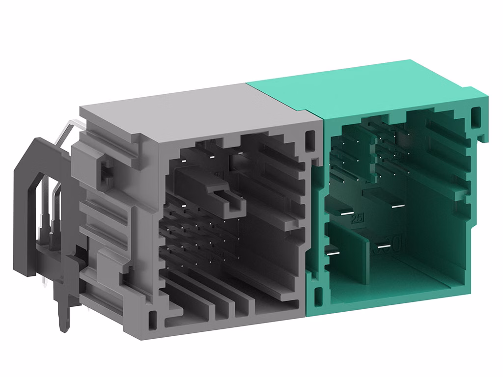 stAK50h 2 Bay Right-Angle Hybrid Header, 64 Circuits, Bay 1: 32 Circuits/Key 3/Dark Gray; Bay 2: 32 Circuits/Key 4/Purple; Tray