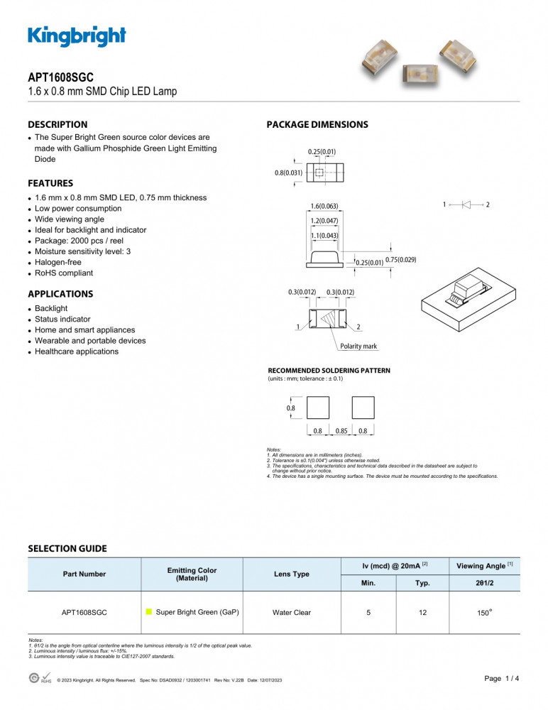 APT1608SGC datasheet page 1