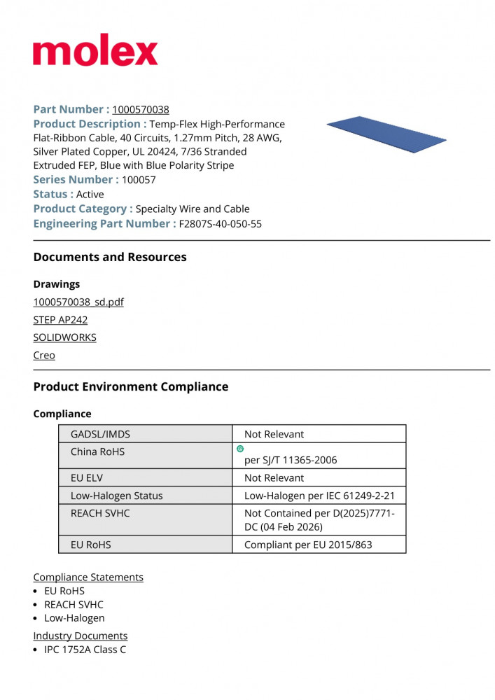MOLEX cable specification document, page 1