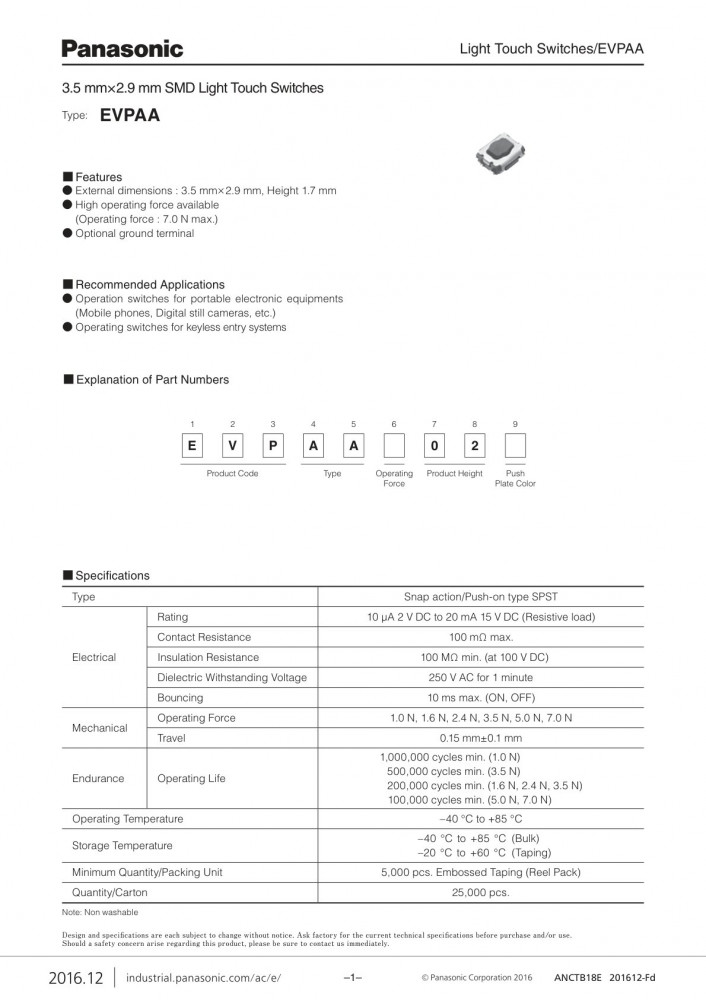 EVPAA series datasheet page 1