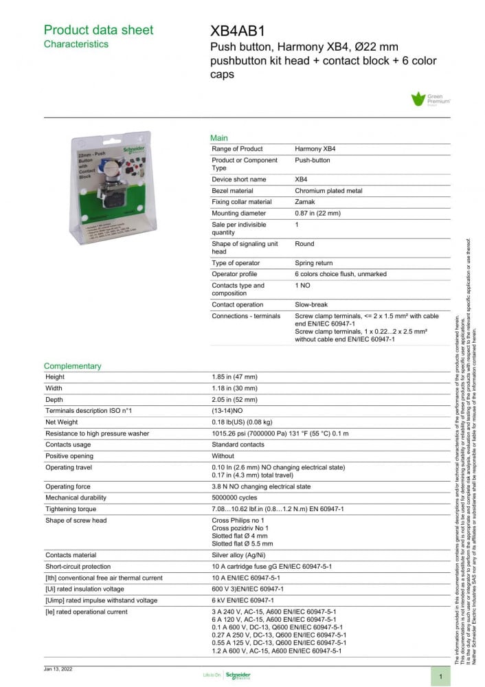 XB4AB1 technical document page 1