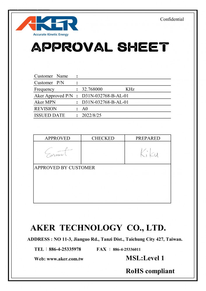 AKER D31N-032768-B-AL-01 approval sheet page 1