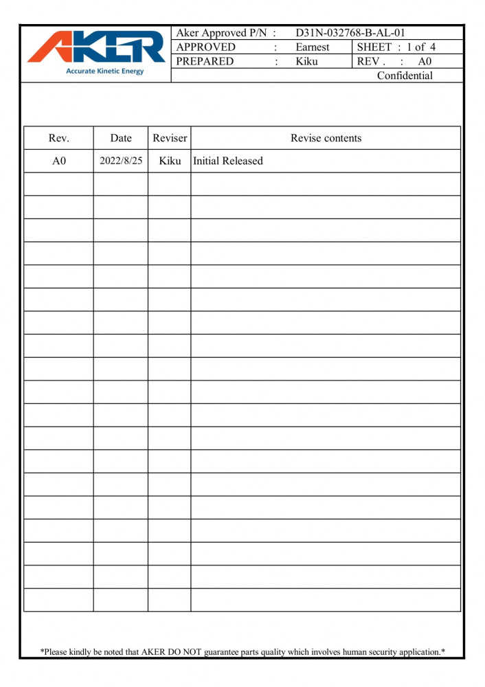 AKER D31N-032768-B-AL-01 electrical characteristics page