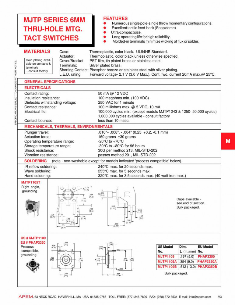 APEM MJTP series datasheet page 1
