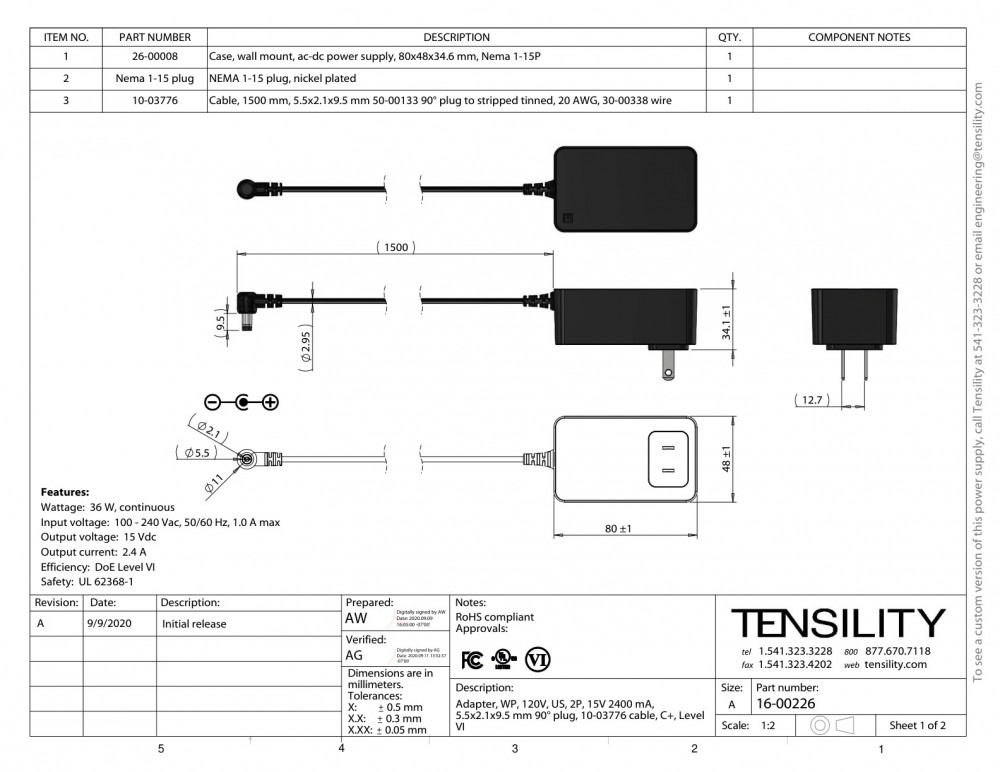 Tensility 16-00226 product drawing and adapter configuration, page 1