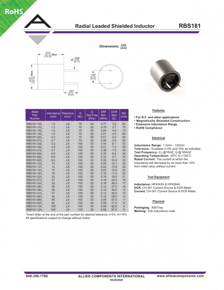 RBS181 series datasheet page showing product dimensions and specifications