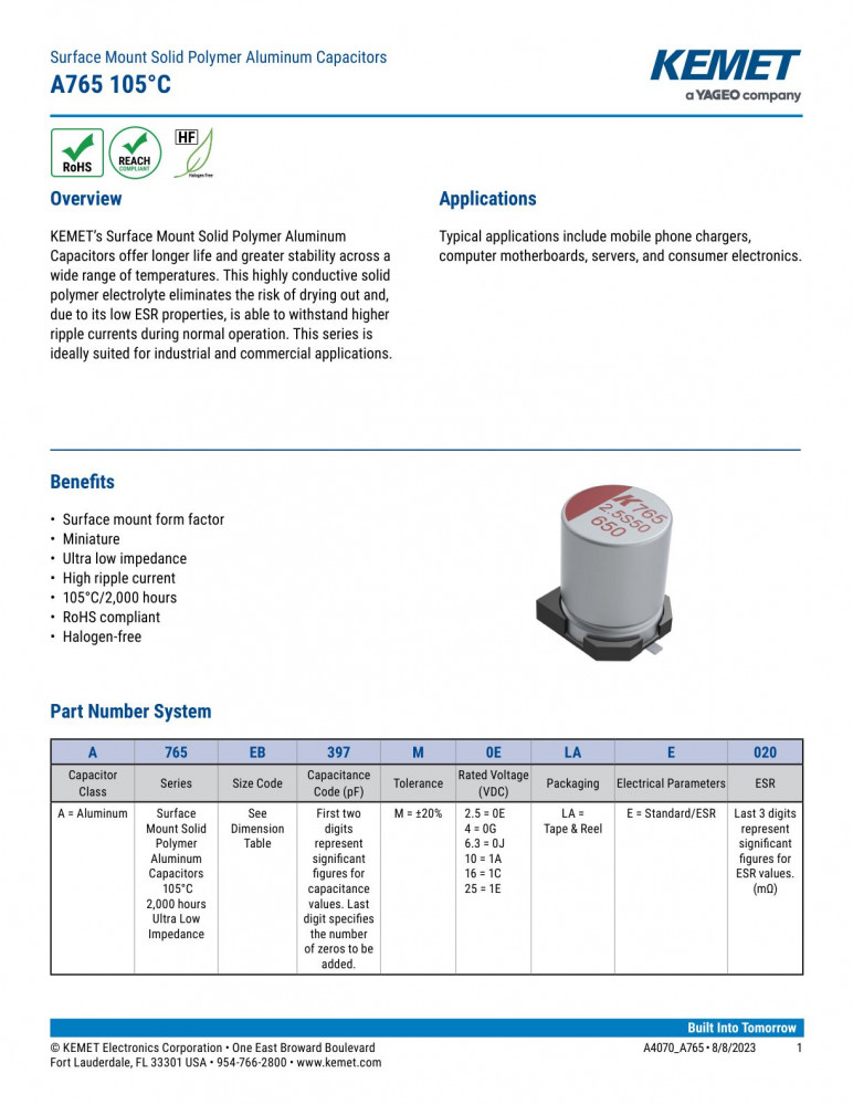 KEMET A765 series datasheet page 1