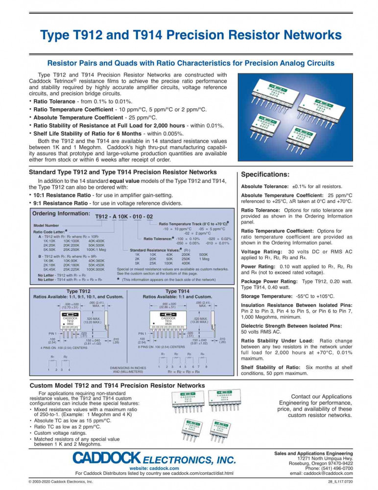Caddock T912 and T914 precision resistor networks product document