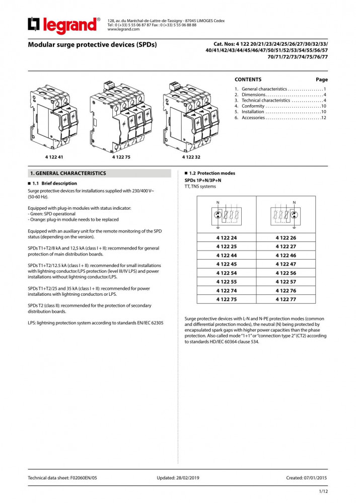 Legrand SPD technical document, page 1