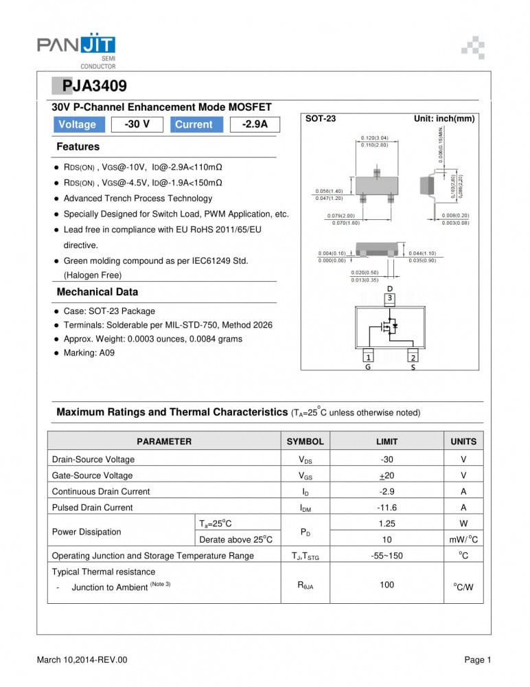 PJA3409 datasheet page 1