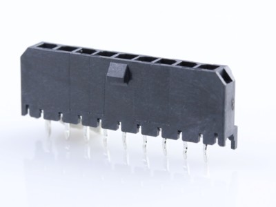 Micro-Fit 3.0 Vertical Header, 3.00mm Pitch, Single Row, 9 Circuits, with PCB Press-fit Metal Retention Clip, 0.76µm Gold Plating, Glow-Wire Capable, Black, Tape and Reel