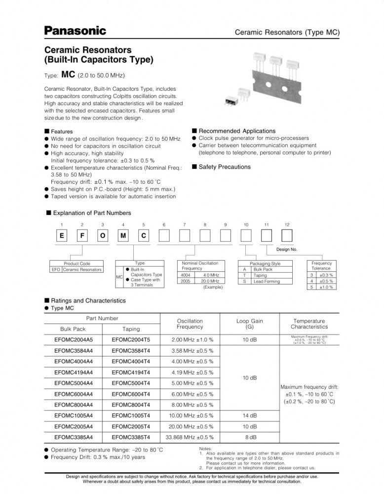 PANASONIC ceramic resonator datasheet page 1