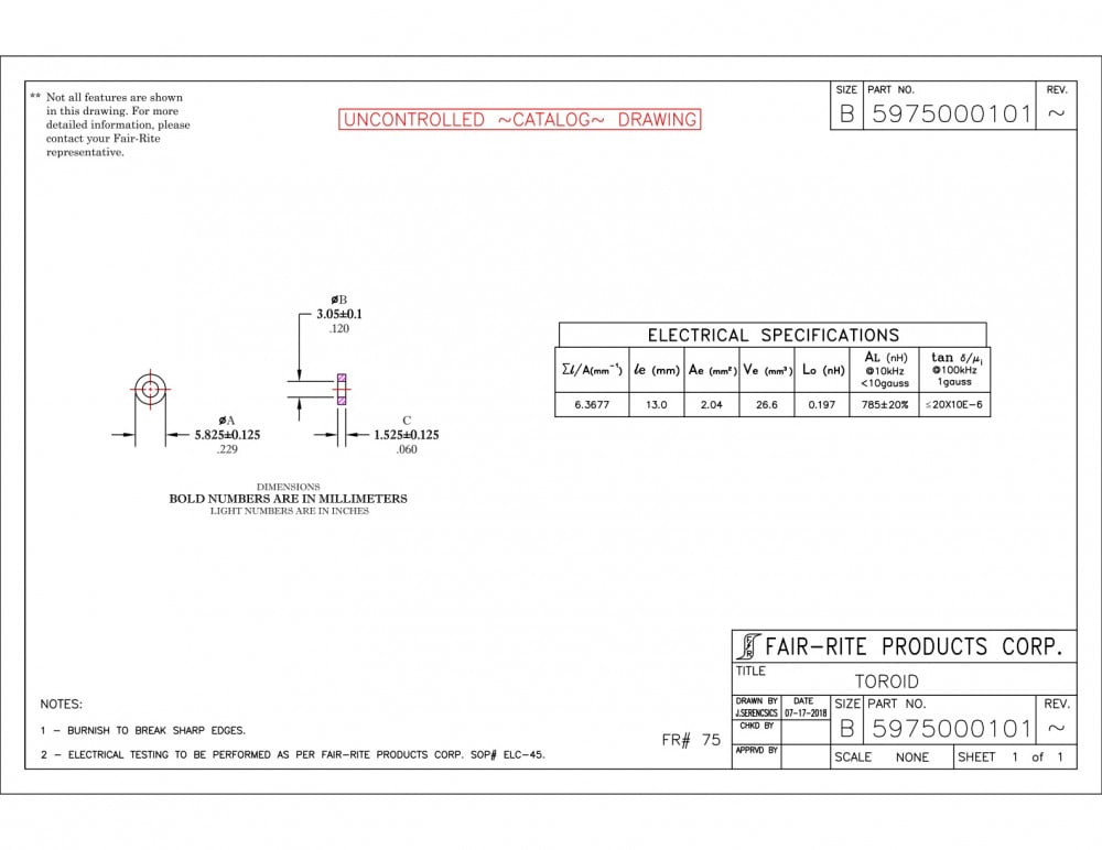 Fair-Rite 5975000101 technical document page