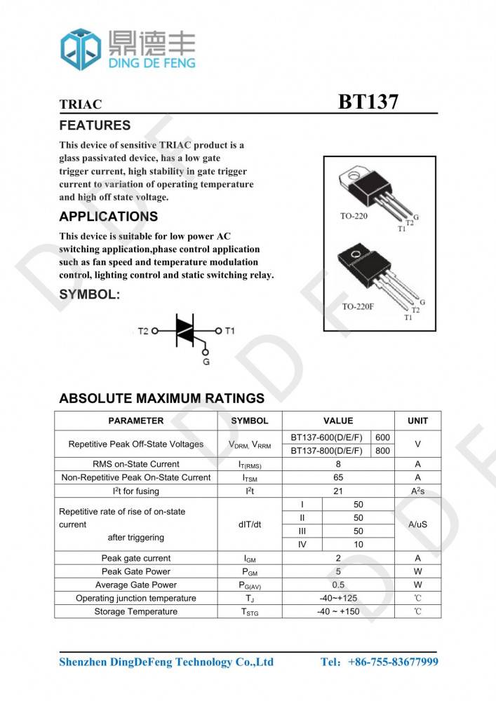 BT137-800E technical document page 1