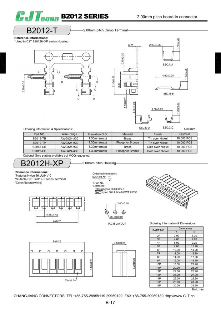 CJT B2012H-13P housing and terminal drawing