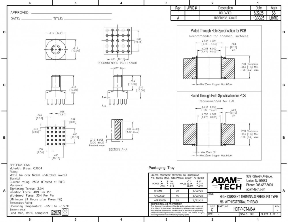 ADAM TECH HCT-P-ET-M6-A press-fit high-current terminal drawing