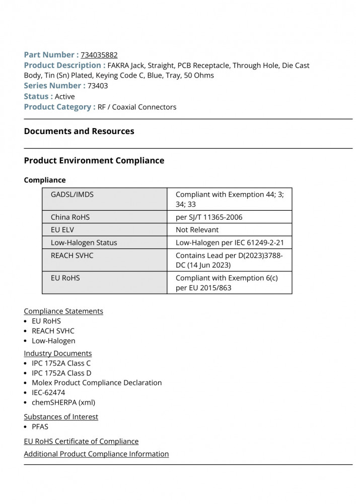 MOLEX 734035882 product document image, page 1