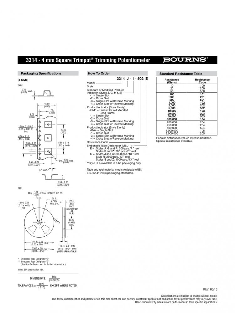 BOURNS 3314 ordering and resistance table