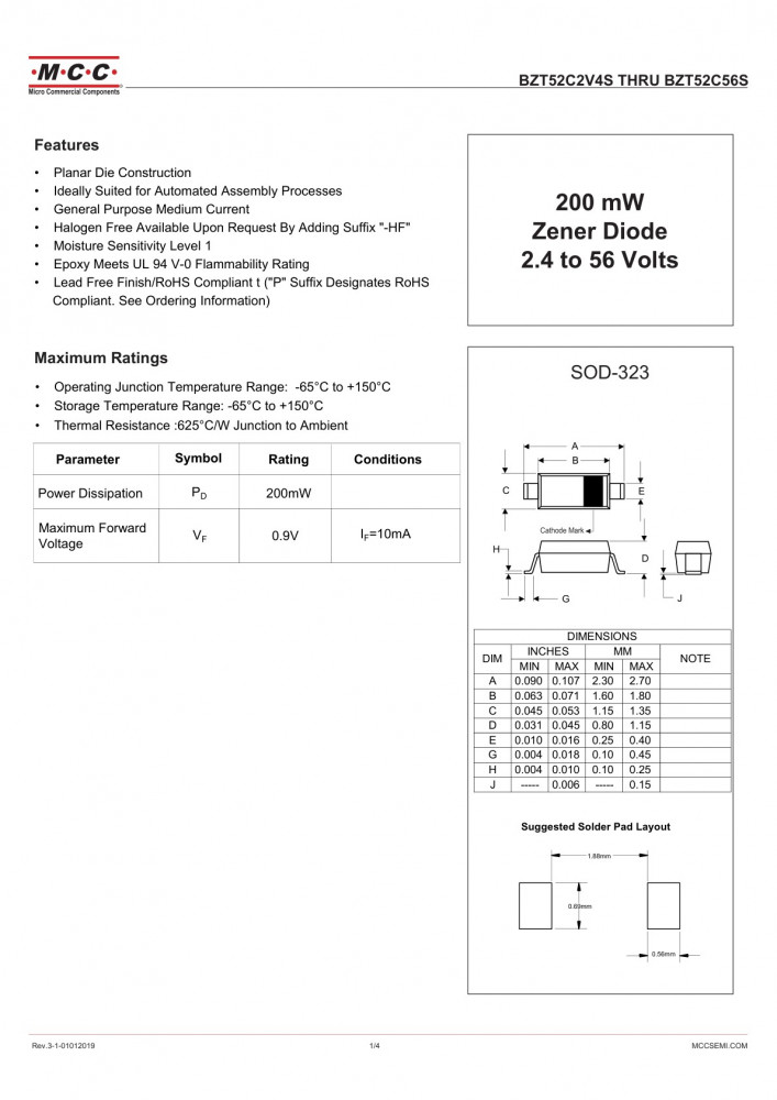 MCC BZT52C3V6S datasheet page 1