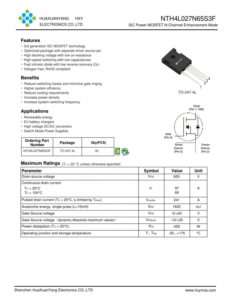 NTH4L027N65S3F-HXY datasheet page 1