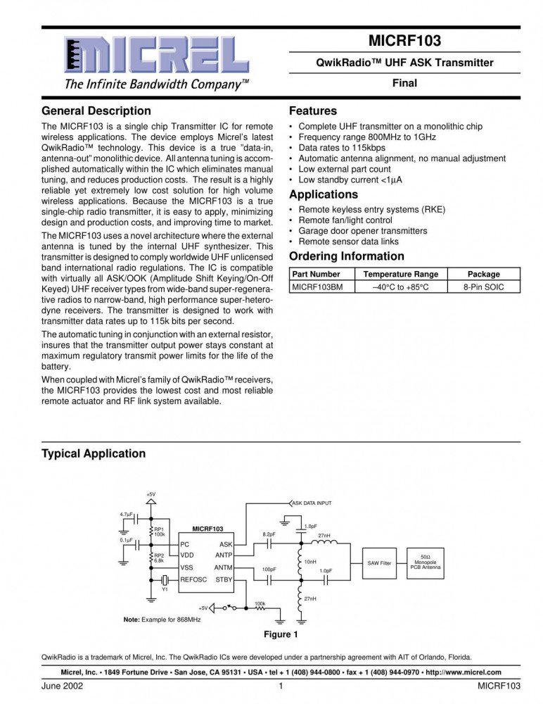 MICRF103 datasheet page 1