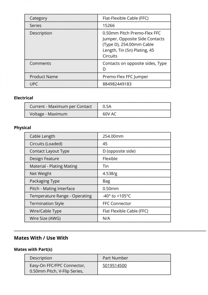 Molex 0.50 mm pitch FFC family specification, page 2