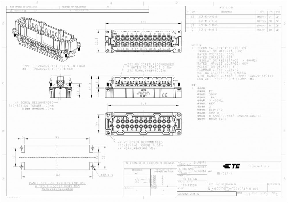 TE Connectivity HE-024-M technical drawing page 1
