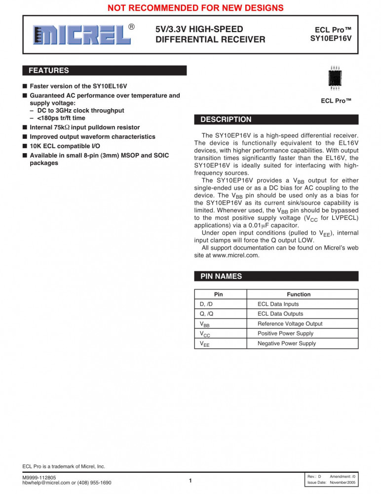 SY10EP16V datasheet page 1