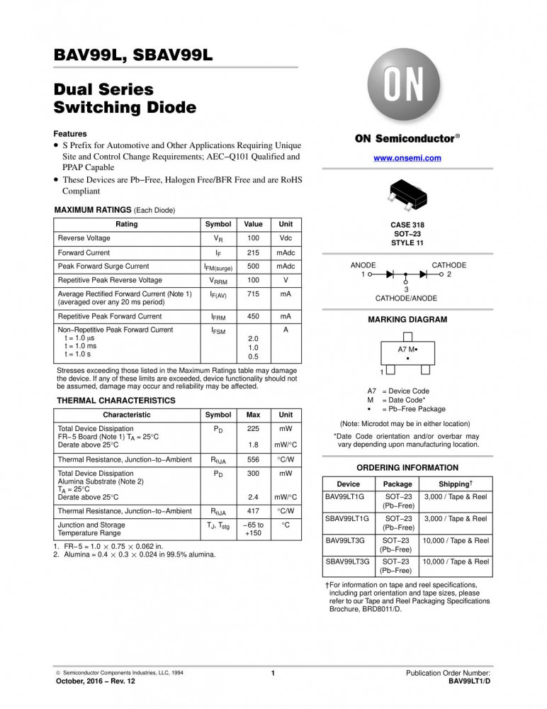 BAV99LT1G datasheet page 1