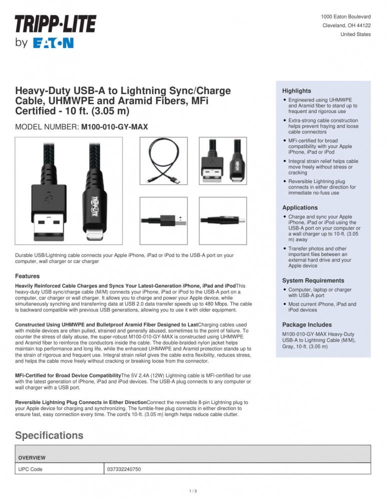 M100-010-GY-MAX technical document page 1