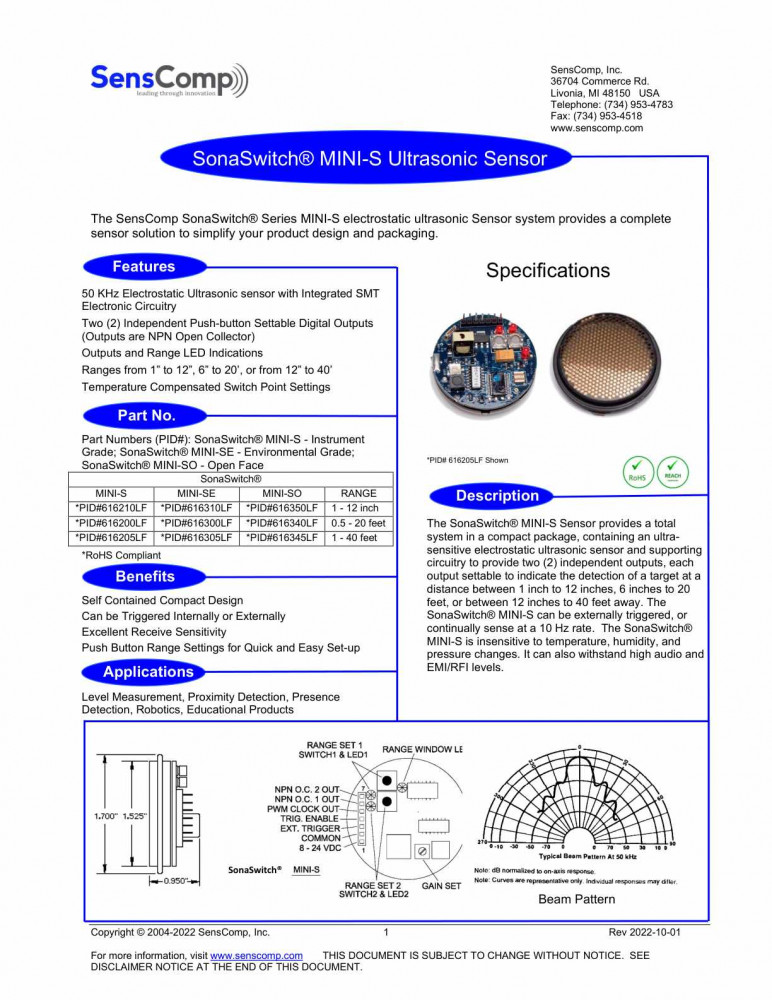 SensComp SonaSwitch MINI-S product documentation page 1
