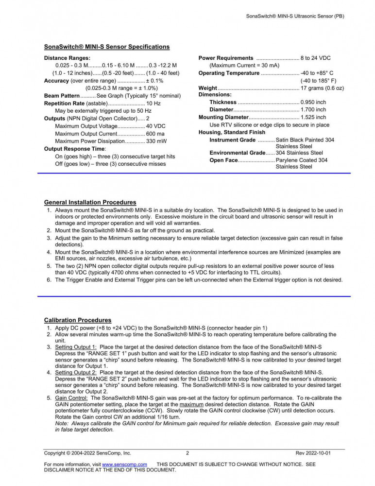 SensComp SonaSwitch MINI-S product documentation page 2