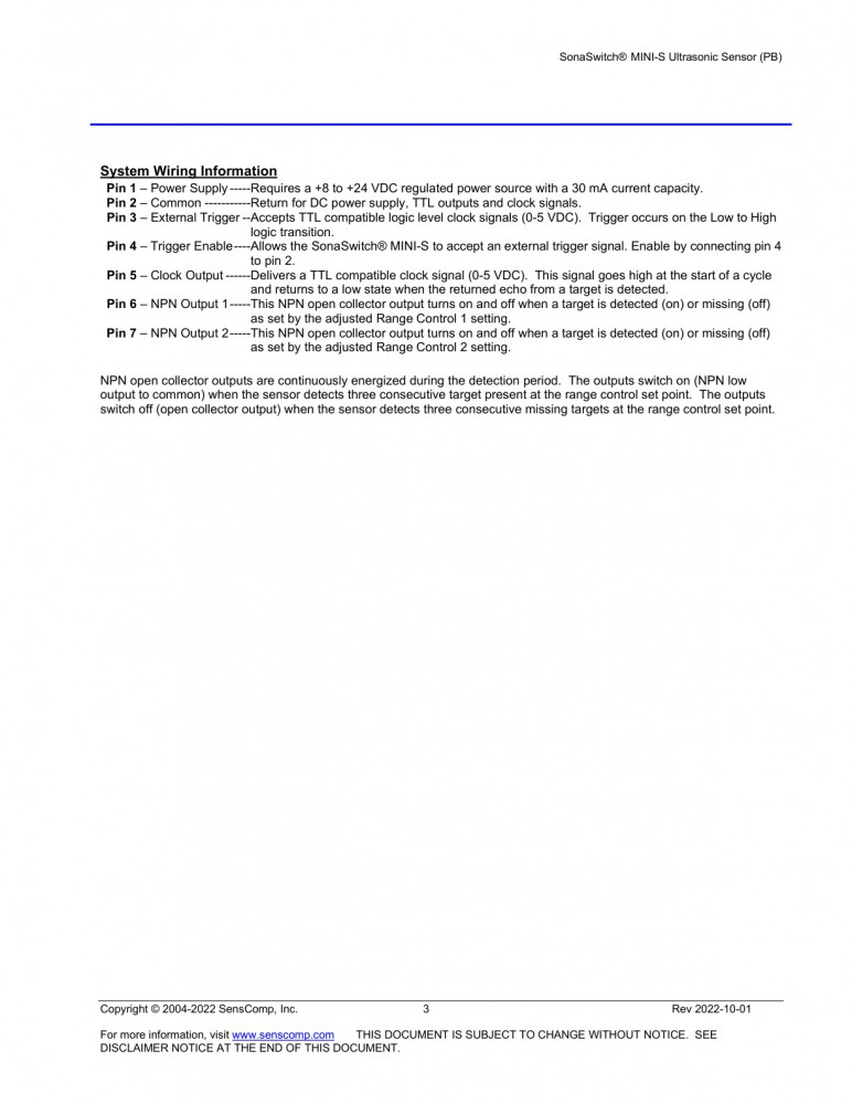 SensComp SonaSwitch MINI-S product documentation page 3
