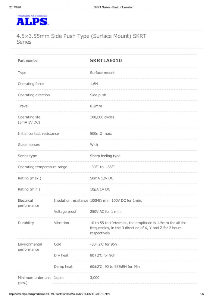 SKRTLAE010 product specification and product image
