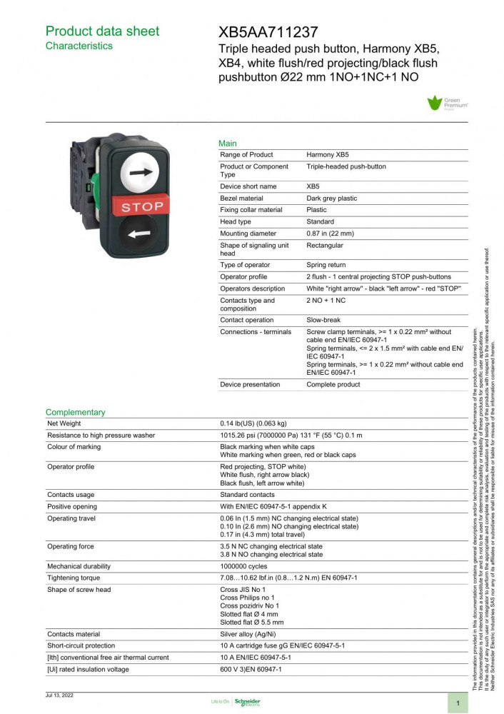 XB5AA711237 technical document page 1