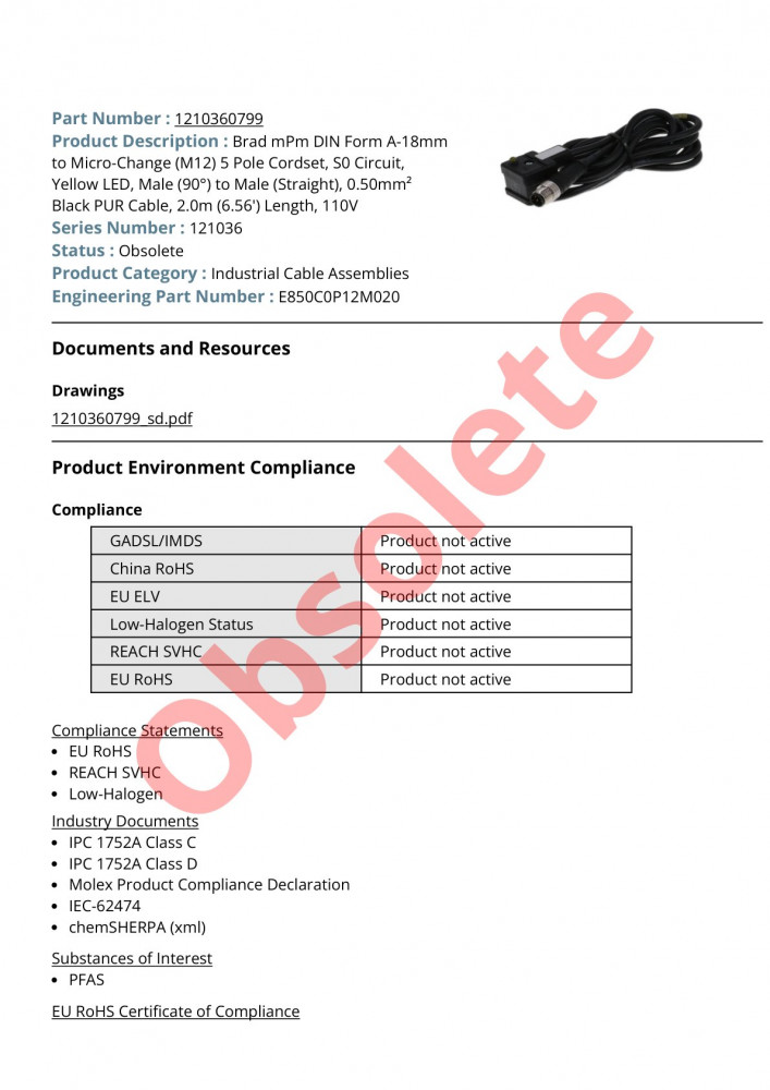 Molex E850 cordset drawing, page 1