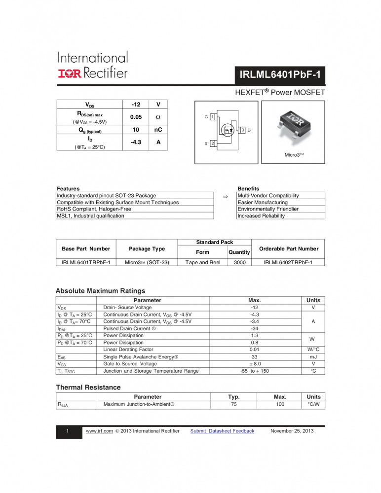 IRLML6401TRPBF datasheet page 1