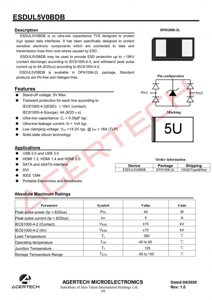 ESDUL5V0BDB datasheet page 1