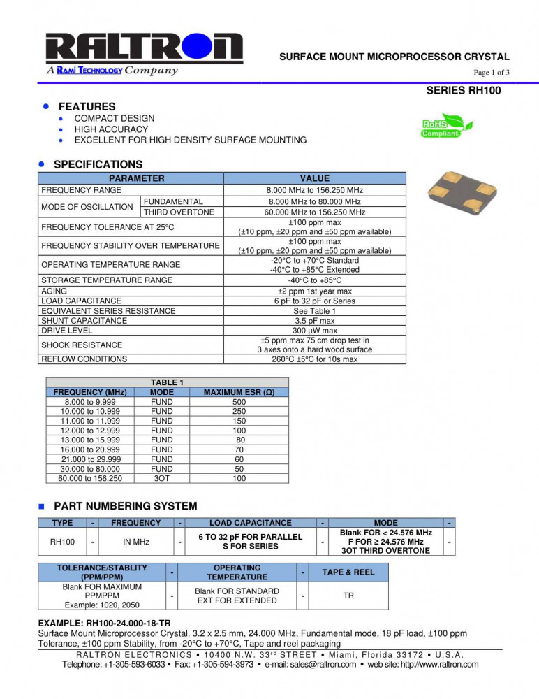 RH100 series specification page