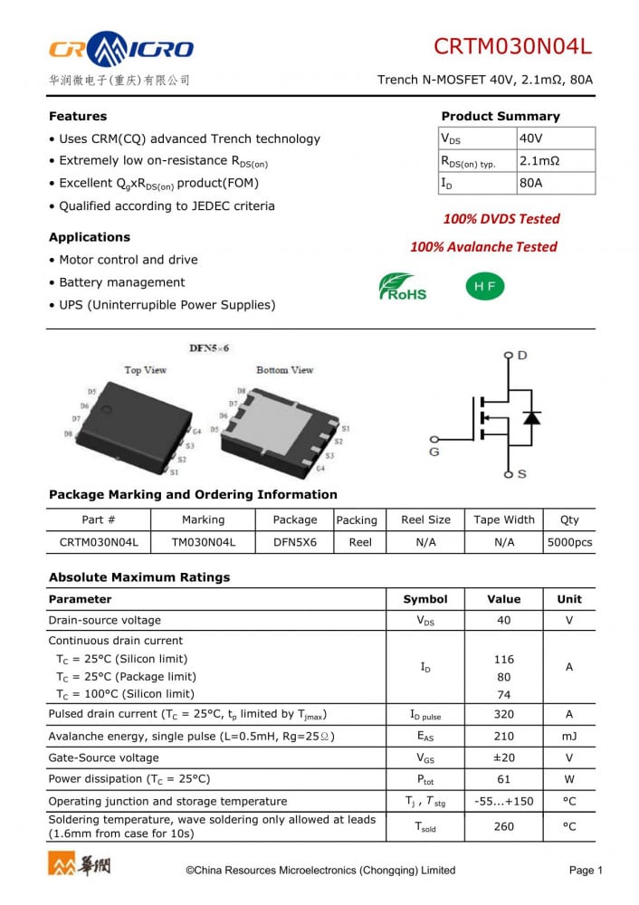 CRTM030N04L datasheet page 1
