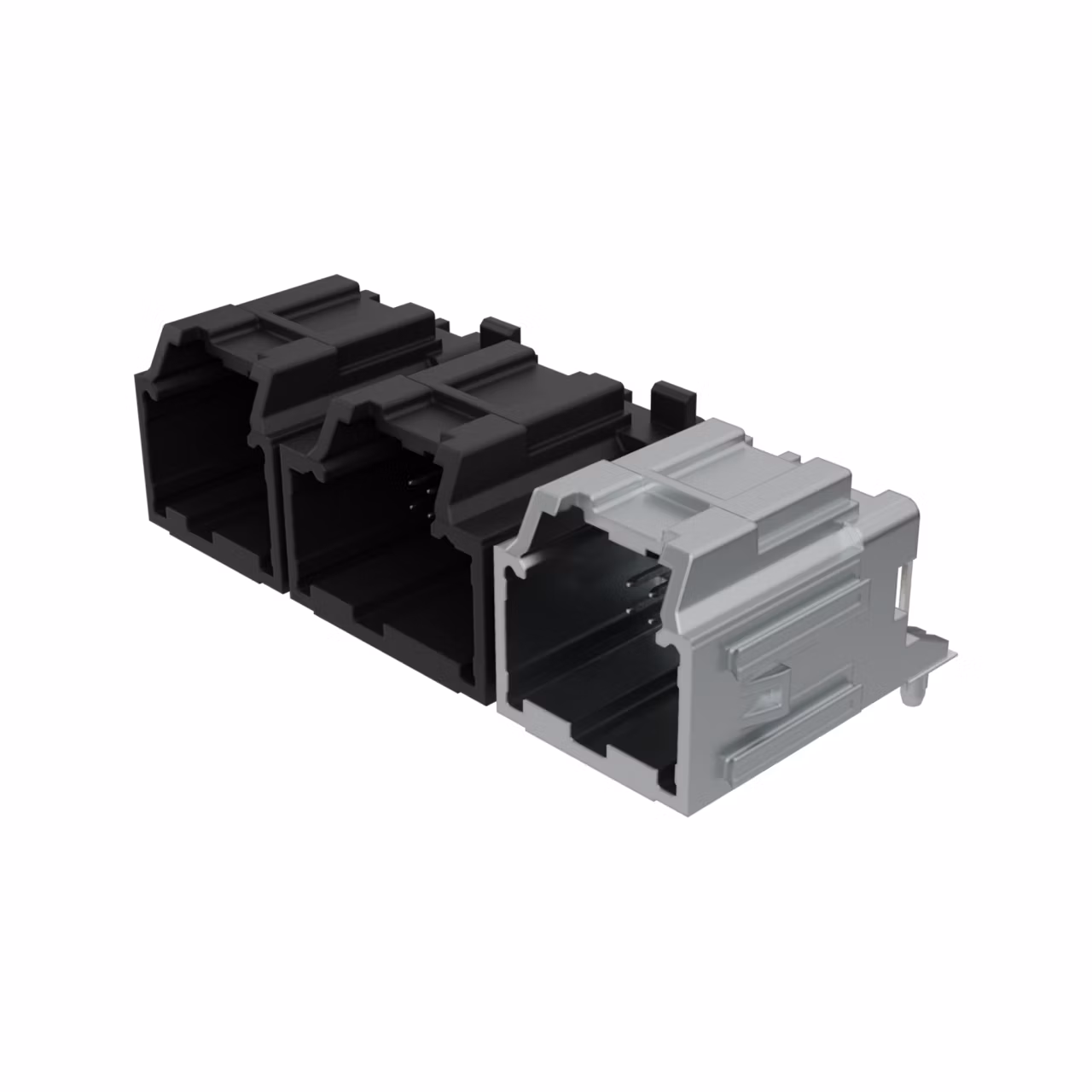 Stac64 3 Bay Right-Angle Headers, 40 Circuits, Bay A 12 Circuit Signal Header, Polarization A, Black; Bay B 16 Circuit Signal Header, Polarization A, Black; Bay C 12 Circuit Signal Header, Polarization B, Gray; Tray for sale