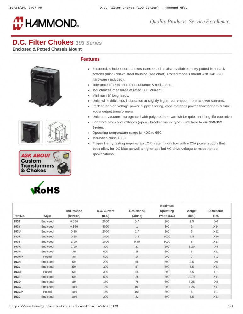 Hammond 193 Series D.C. filter choke technical document page 1