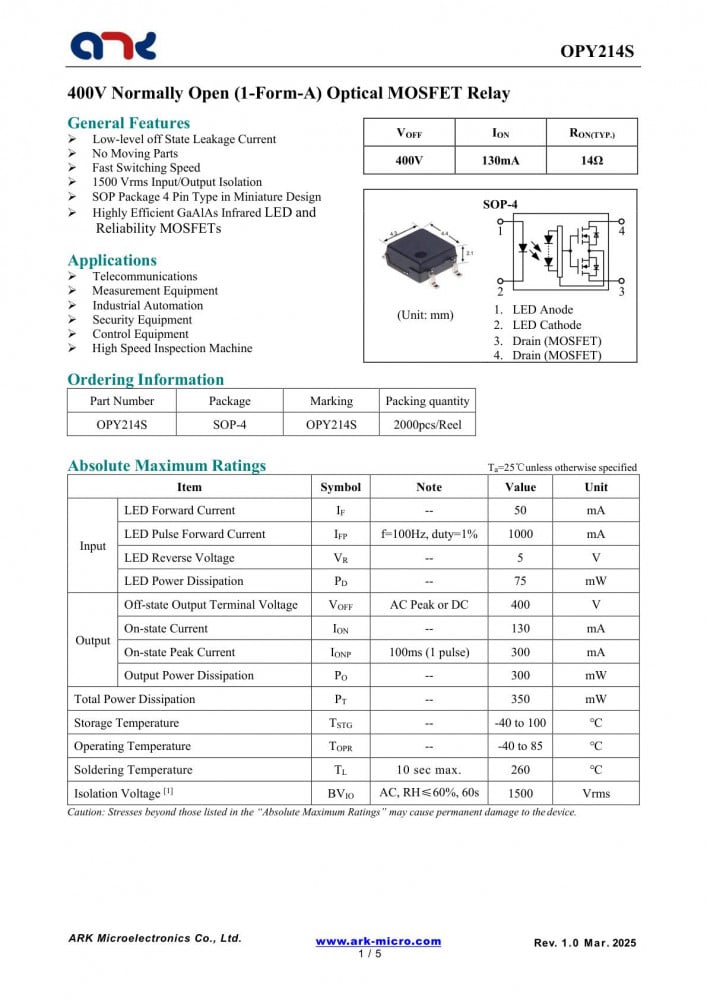 OPY214S datasheet page 1
