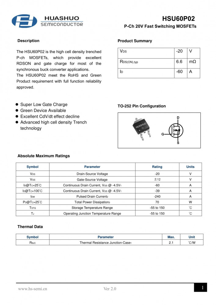 HSU60P02 datasheet page 1