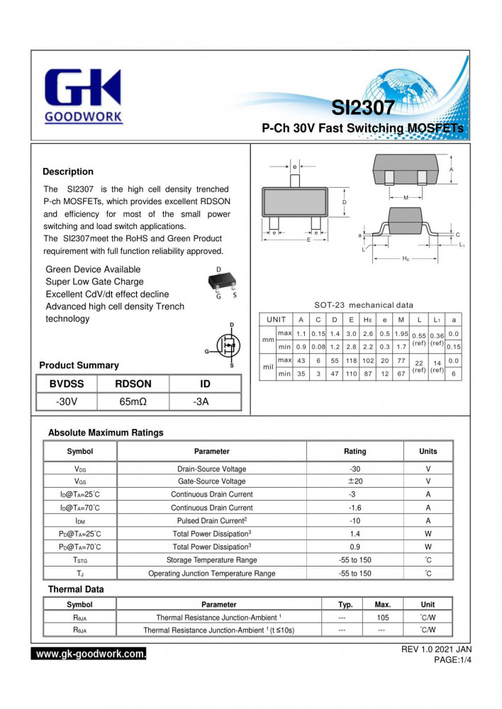 SI2307 datasheet page 1